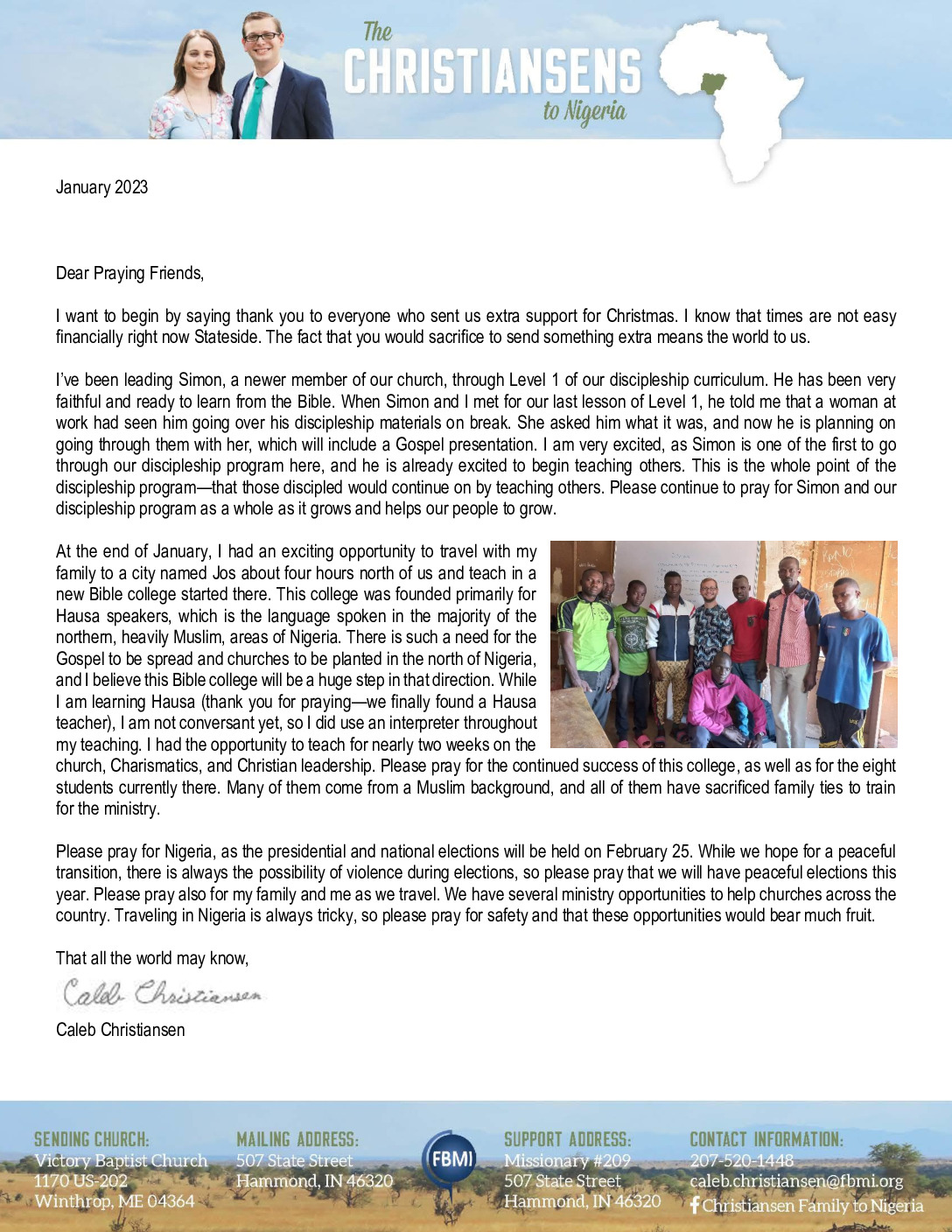Caleb Christiansen January 2023 Prayer Letter – FBMI