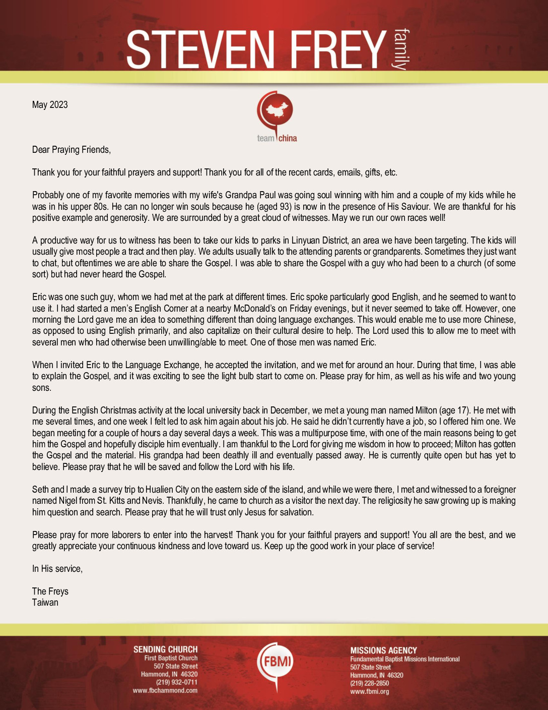 Steven Frey May 2023 Prayer Letter – FBMI